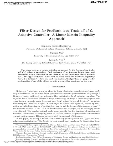 Pdf Filter Design For Feedback Loop Trade Off Of L1 Adaptive Controller A Linear Matrix