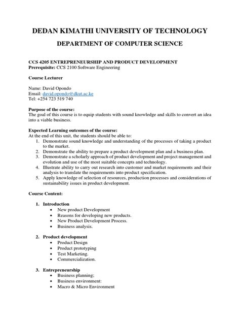 Ccs 4205 Entrepreneurship And Product Development Course Outline Pdf Entrepreneurship