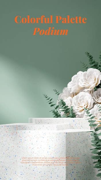 Пустое пространство красочный подиум терраццо в портрете белая роза и лист эвкалипта 3d