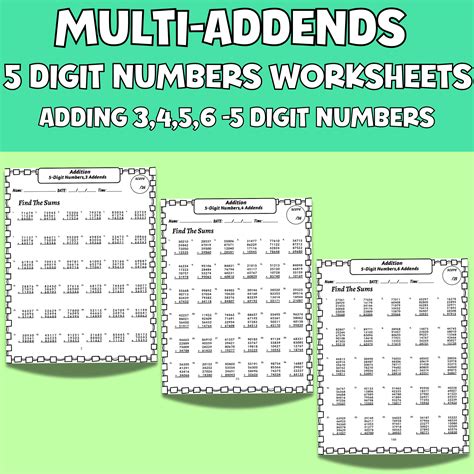 Multi Addends 5 Digit Numbers Worksheets Adding 3456 5 Digit