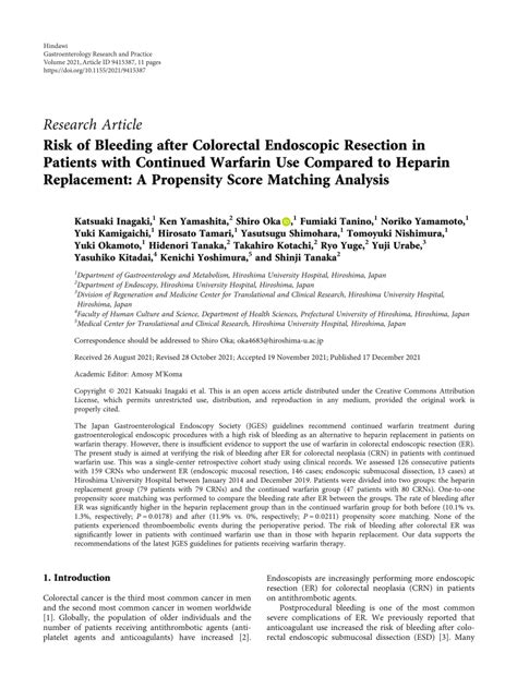Pdf Risk Of Bleeding After Colorectal Endoscopic Resection In Patients With Continued Warfarin