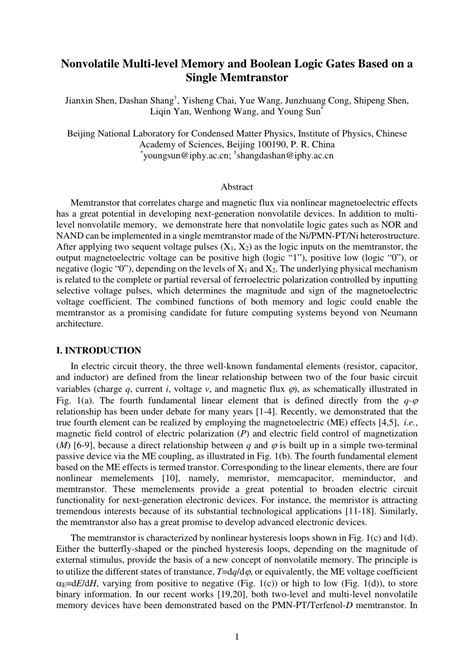 Pdf Nonvolatile Multi Level Memory And Boolean Logic Gates Based On A Single Memtranstor