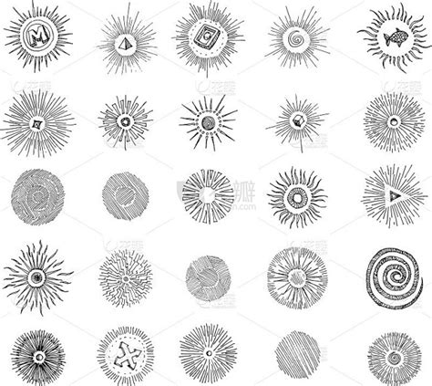 一套手绘的旭日。矢量插图。