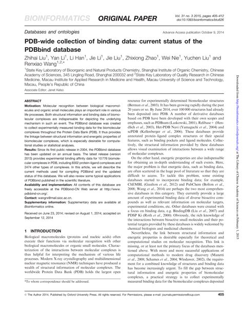 Pdf Pdb Wide Collection Of Binding Data Current Status Of The Pdbbind Database