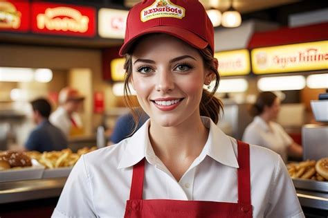 Young Girl Fast Food Worker Smiling And Cheerful Friendly Service