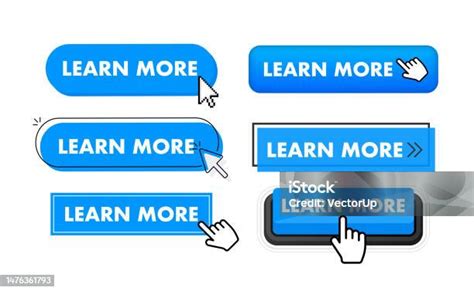 Set Of Learn More Button Hand Pointer Clicking Learn More Web Buttons Stock Illustration
