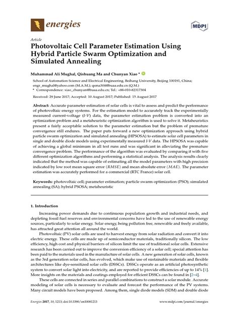 Energies Photovoltaic Cell Parameter Estimation Using Hybrid Particle Swarm Optimization And