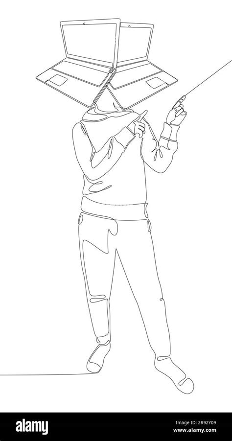 One Continuous Line Of Man With Laptop Head Pointing With Finger Thin