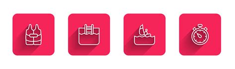 세트 라인 구명 조끼 사다리가있는 수영장 윈드 서핑 및 긴 그림자가있는 스톱워치 빨간색 사각형 버튼입니다 벡터 구조에 대한 스톡 벡터 아트 및 기타 이미지 Istock