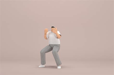 회색 코듀로이 바지와 화이트 칼라 티셔츠를 입은 수염을 가진 남자 그는 말할 때 손의 표현입니다 연기에서 만화 캐릭터의 3d 렌더링 3차원 형태에 대한 스톡 사진 및 기타