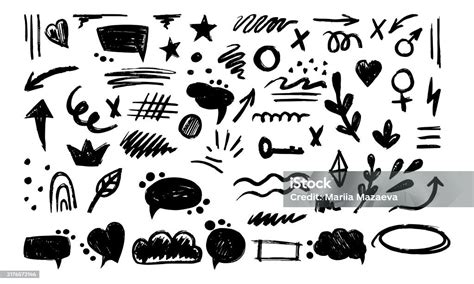 손으로 그린 연필 컬러 브러시 요소 크레용 효과가있는 브러시 분필 질감 아이들의 스타일에 벡터 일러스트 레이 션 크레용 브러쉬 낙서 사각형 나선 화살표 0명에 대한 스톡