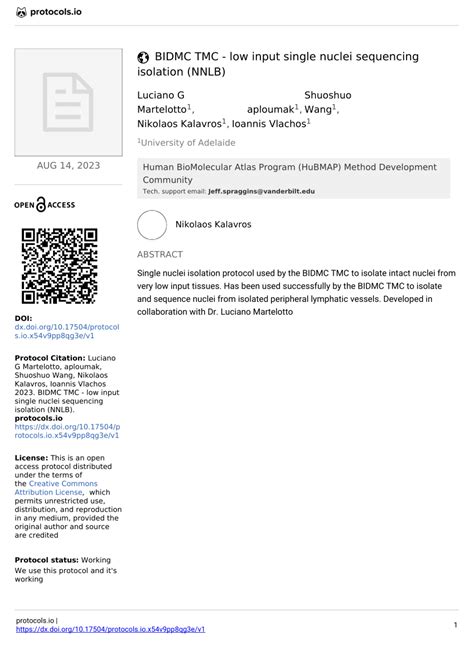 Pdf Bidmc Tmc Low Input Single Nuclei Sequencing Isolation Nnlb V1