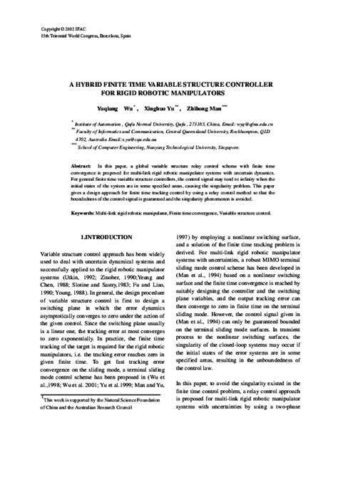 Pdf A Hybrid Finite Time Variable Structure Controller For Rigid Robotic Manipulators