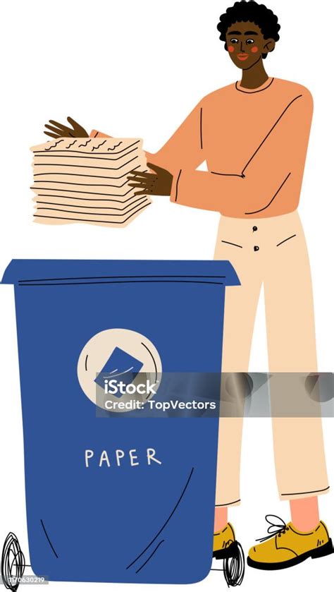 아프리카계 미국인 남자 쓰레기 용기에 종이 폐기물을 던지고 남자 는 추가 처리 벡터 그림에 대 한 폐기물을 분류 가정 생활에