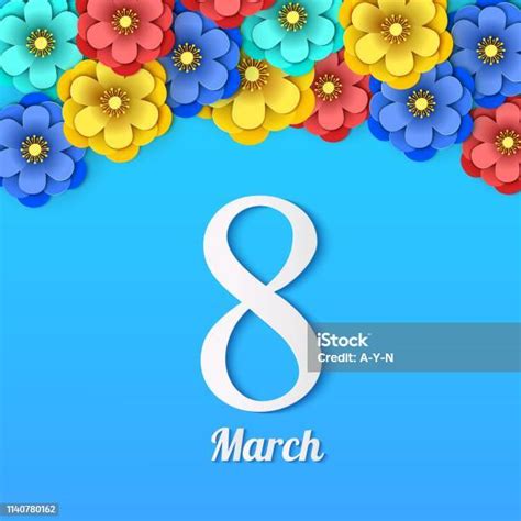 꽃 8 월 인사말 카드입니다 행복 한 여성의 날입니다 그림 여덟와 함께 파란색 배경에 종이 잘라 꽃 휴가 프레임 벡터