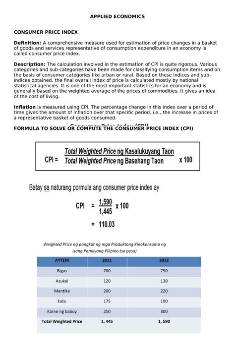 APP ECON CPI AND Inflation RATE APPLIED ECONOMICS CONSUMER PRICE INDEX Definition A