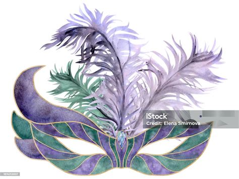 손으로 그린 수채화 마디 그라 카니발 기호입니다 극장 가장 무도회 서커스 가면 깃털 금색 보라색 녹색 흰색 배경에 고립된 단일 개체입니다 파티 초대장 인쇄 상점을 위한