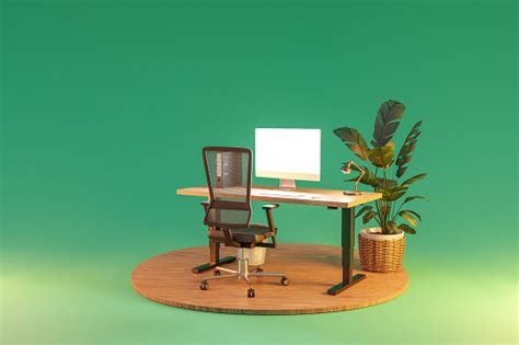 거대한 와이드스크린 모니터가 있는 나무 연단에 있는 단일 격리된 컴퓨터 작업 공간 프리랜서 및 홈 오피스 개념 3d 일러스트레이션 0명에 대한 스톡 사진 및 기타 이미지