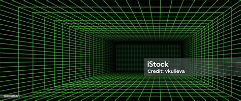 와이어프레임 그리드 룸 3d 원근감 배경입니다 미래 지향적인 디지털 개요 공간 네온 그린 기하학적 디자인 벡터 템플릿 그림입니다 각도 관점 녹색에 대한 스톡 벡터 아트 및