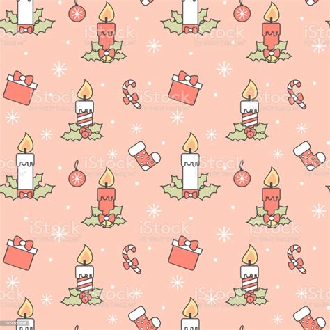 크리스마스 양 초 사탕 지팡이 선물 상자 양말 홀리와 다른 휴일 장식 요소와 함께 귀여운 원활한 벡터 패턴 배경 그림 0명에