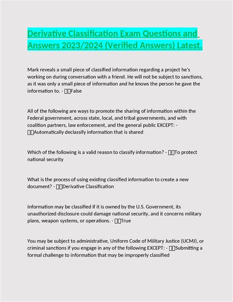 Derivative Classification Exam Questions And Answers 2023 2024 Verified Answers Latest