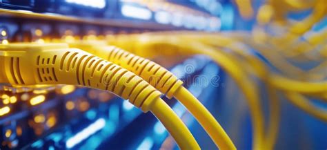 Yellow Ethernet Cables Connected To Network Switch In Data Center With Glowing Lights Stock