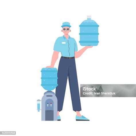 한 남자가 물 한 병을 들고 있습니다 배달 개념 세련된 캐릭터는 완전한 성장으로 묘사됩니다 흰색 배경에 고립되어 있습니다 벡터 일러스트레이션 가득 찬에 대한 스톡 벡터 아트