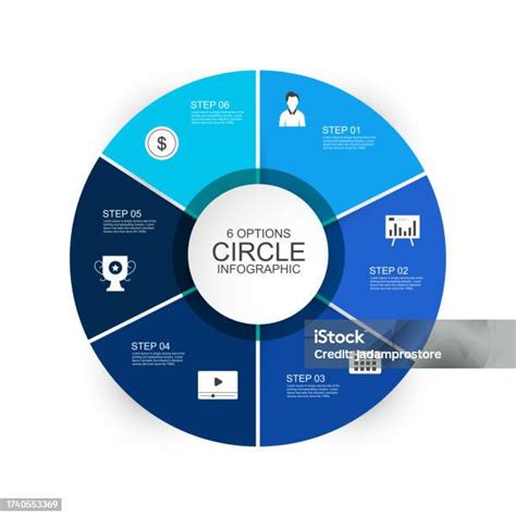 인포그래픽 서클 프로세스 차트 6가지 옵션이 있는 벡터 다이어그램 그래프 프리젠테이션 보고서 스텝 옵션에 사용할 수 있습니다 6