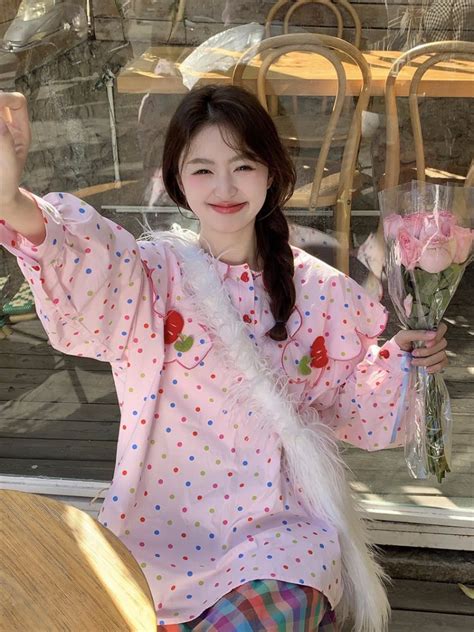 러블리 핑크 도트 땡땡이 튤립 케이프 세일러카라 퍼프 A라인 오버핏 루즈핏 봄 롱 블라우스 셔츠 에이블리