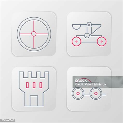 세트 라인 나무 4 륜 수레 성 탑 투석기 사격 돌 및 둥근 나무 방패 아이콘 벡터 건초 재배 식물에 대한 스톡 벡터 아트 및 기타 이미지 건초 재배 식물 건축