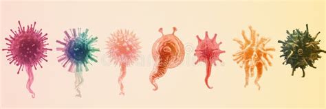 Progression Of Virus Forms Showcasing Basic To Complex Structures Through Vibrant Colors And