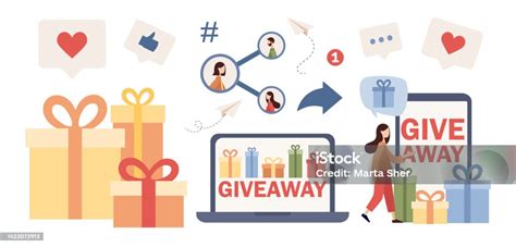 공짜 아이콘 세트 선물 상자 소셜 네트워크 프로모션 선물 광고 깜짝 패키지 좋아요 또는 재 게시 개념에 대한 팔로워 보상 벡터 플랫 일러스트 레이 션 대회에 대한 스톡 벡터