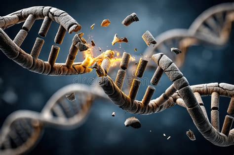 Close Up Of Dna Strand Breaking Apart With Glowing Effect On Blue Background Symbolizing