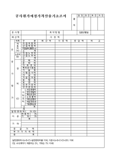공사원가 예정가격 산출 기초 조서 비즈폼 샘플 양식 다운로드