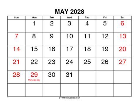 Download Large Font May 2028 Calendar With Usa Holidays Sunday Start