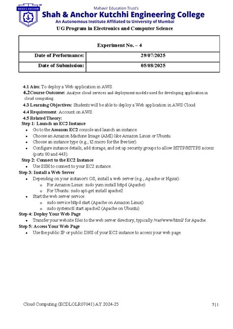 Cloud Computing Experiment No 4 Deploying Web App On Aws