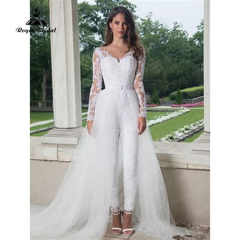 흰색 긴 소매 점프 슈트 웨딩 드레스 분리형 기차 2023 레이스 아플리케 우아한 얇은 명주 그물 바지 정장 신부 가운결혼식 드레스 Aliexpress