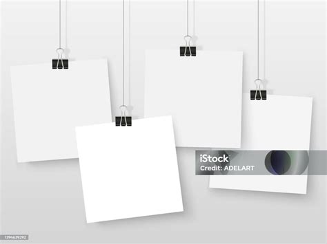 바인더 클립의 포스터 흰색 메모장 종이 템플릿 사실적인 벡터 일러스트레이션 도면 따옴표 또는 레터링에 대한 빈 모형 프레임 매달기에 대한 스톡 벡터 아트 및 기타 이미지