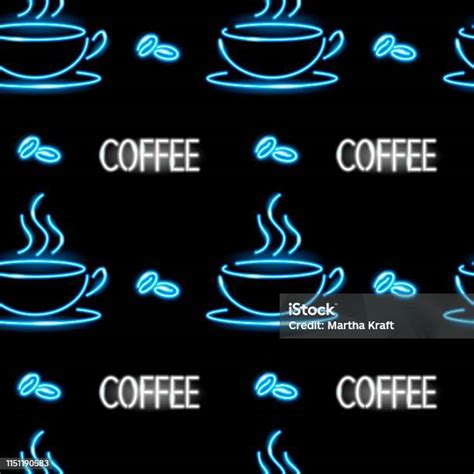 검은 배경에 커피와 커피 콩의 네온 컵과 완벽 한 패턴입니다 카페 음료 벽지에 대 한 거리 음식 개념 배경 포장 벡터 일러스트 레이 션 Eps 10 0명에 대한 스톡 벡터