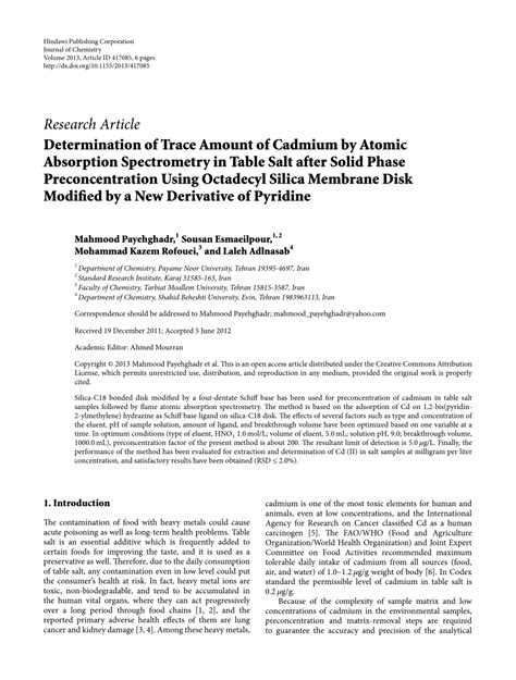 Pdf Determination Of Trace Amount Of Cadmium By Atomic Absorption Spectrometry In Table Salt