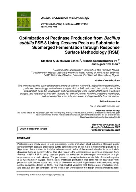 Pdf Optimization Of Pectinase Production From Bacillus Subtilis Pse 8 Using Cassava Peels As