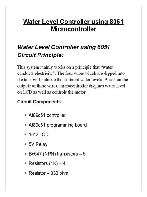Water Level Controller Using 8051 Circuit Principle Pdf Electrical