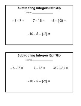 Subtract Integers Exit Slip By Jenna Schafer Teachers Pay Teachers