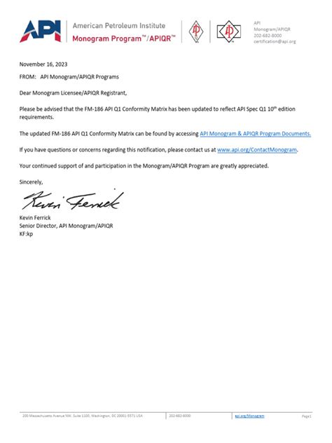 Fm 186 Api Q1 Conformity Matrix 10th Edition Update Notification 20231116 Pdf