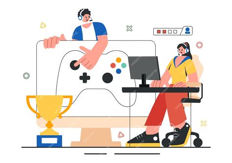 두 명의 플레이어가 게임 아레나 내에서 사이버 스포츠 대회를 위해 온라인 게임에서 경쟁하는 Esports 토너먼트 터 일러스트레이션 프리미엄 벡터