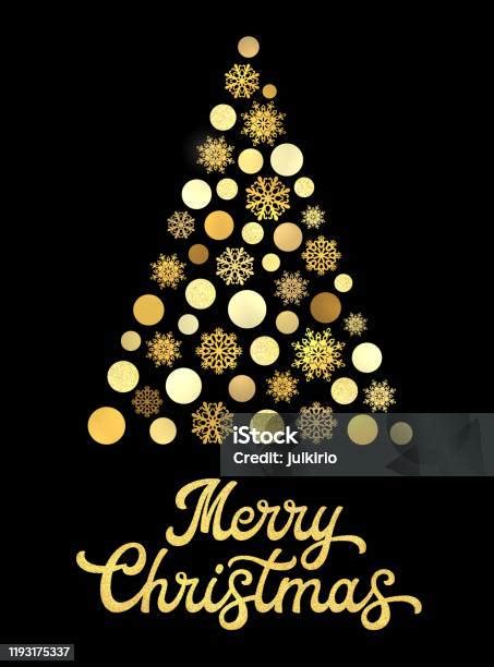 골드 반짝이 질감 문자와 검은 배경에 고립 된 양식에 일치시키는 크리스마스 트리 황금 원과 눈송이 세련된 Xmas 카드 계절