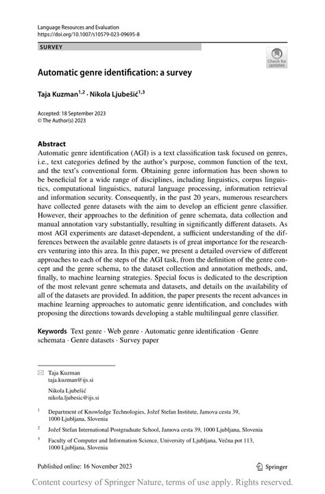 Pdf Automatic Genre Identification A Survey