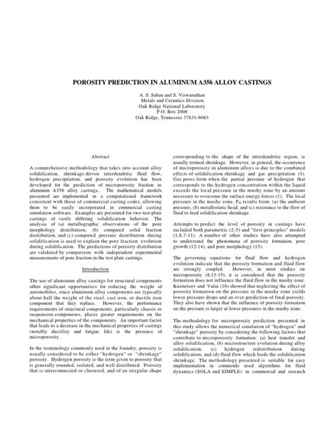 Porosity Prediction In Aluminum A356 All Pdf Casting Metalworking