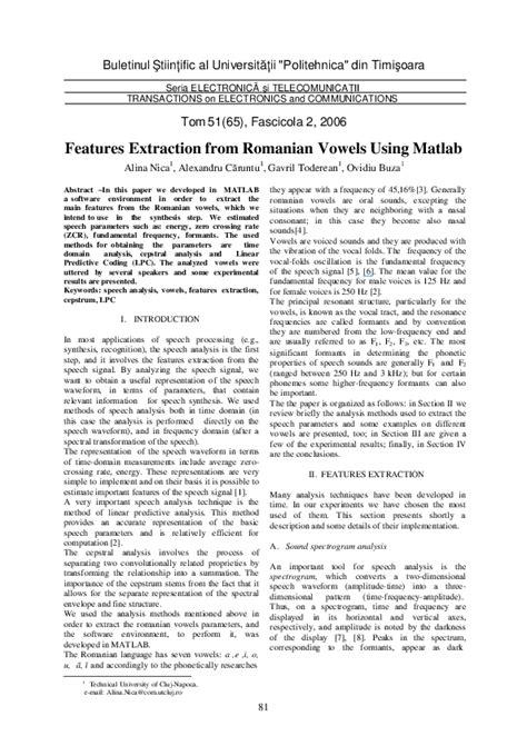 Pdf Features Extraction From Romanian Vowels Using Matlab