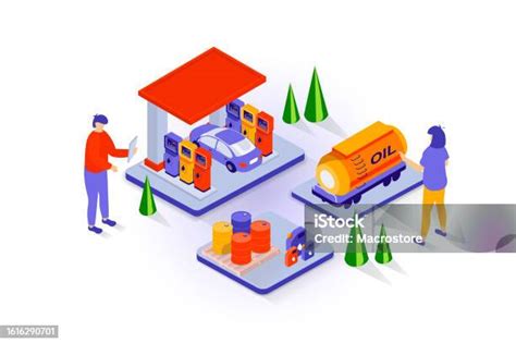 3d 아이소메트릭 디자인의 석유 산업 개념 주유소에서 자동차에 연료를 보급하는 사람들 벤진을 운반하는 노동자 배럴에 보관하는 노동자들 웹 그래픽을 위한 등각측정 장면이 있는